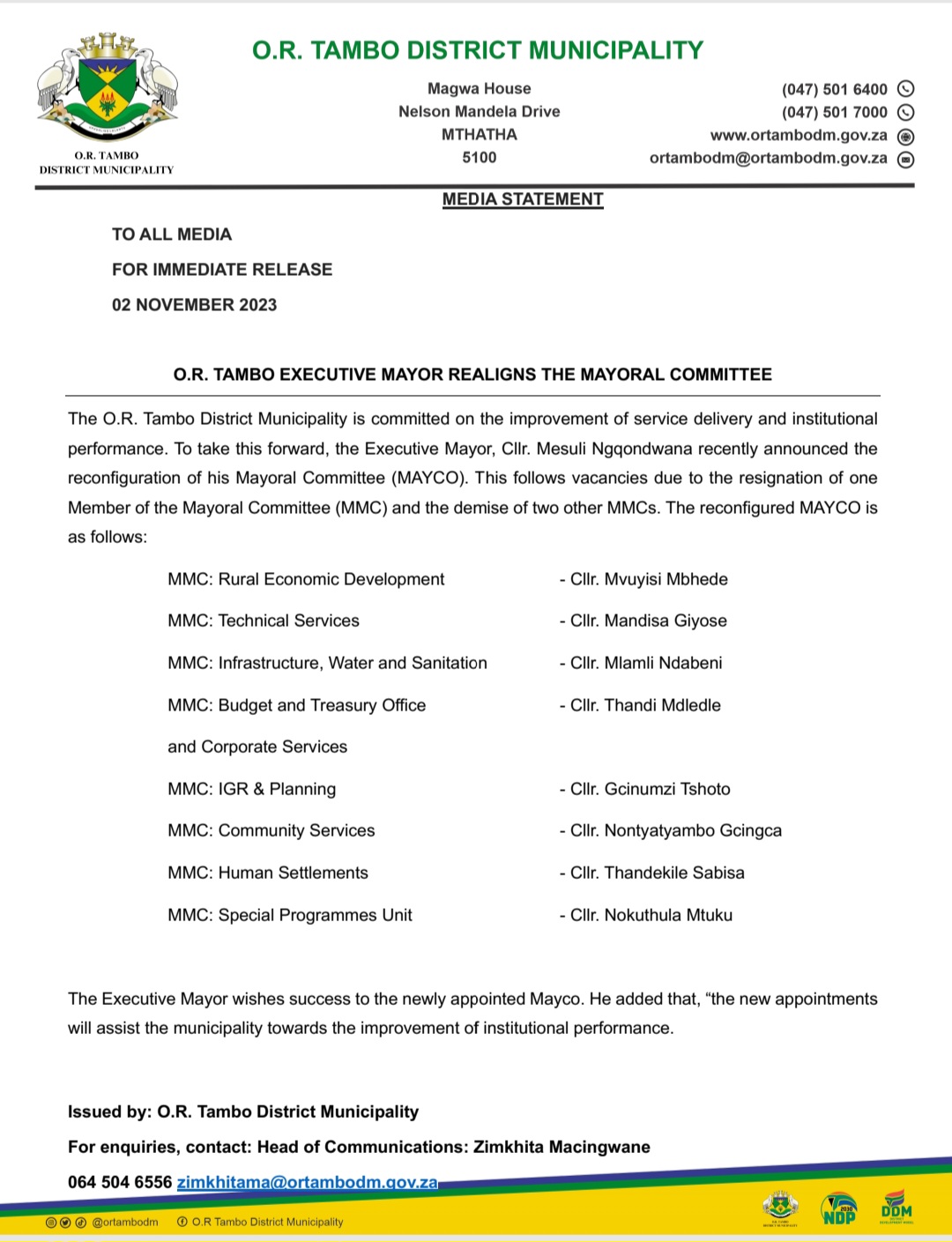 O.R.Tambo District Municipality realigns the Mayoral Committee – OR Tambo
